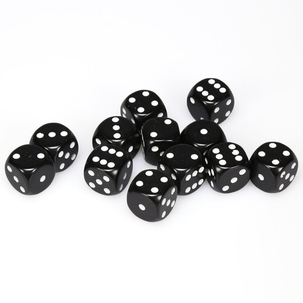 Chessex d6 Cube 16mm Opaque Black with White (12) - Black Diamond Games