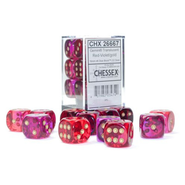 Chessex d6 Cube 16mm Gemini Translucent Red-Violet with Gold (12 ...