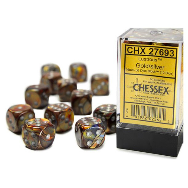 Chessex d6 Cube 16mm Lustrous Gold with Silver (12) - Black Diamond Games