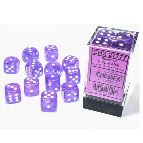 Chessex d6 Cube 16mm Borealis Luminary Purple with White (12) - Black ...