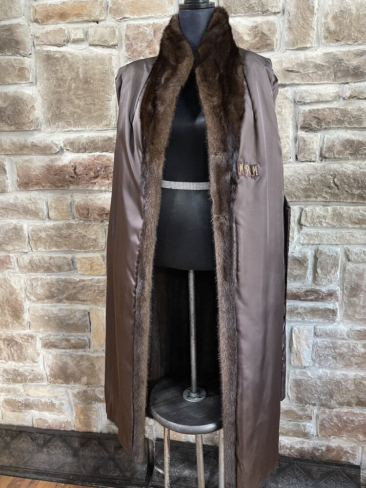 Dark Ranch Mink Long Coat with Mandarin Collar, Size S - Elements Unleashed