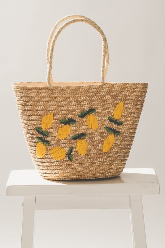 Trend Notes Lemon Embroidered Straw Tote Bag 0496-5689 - Bootery Boutique