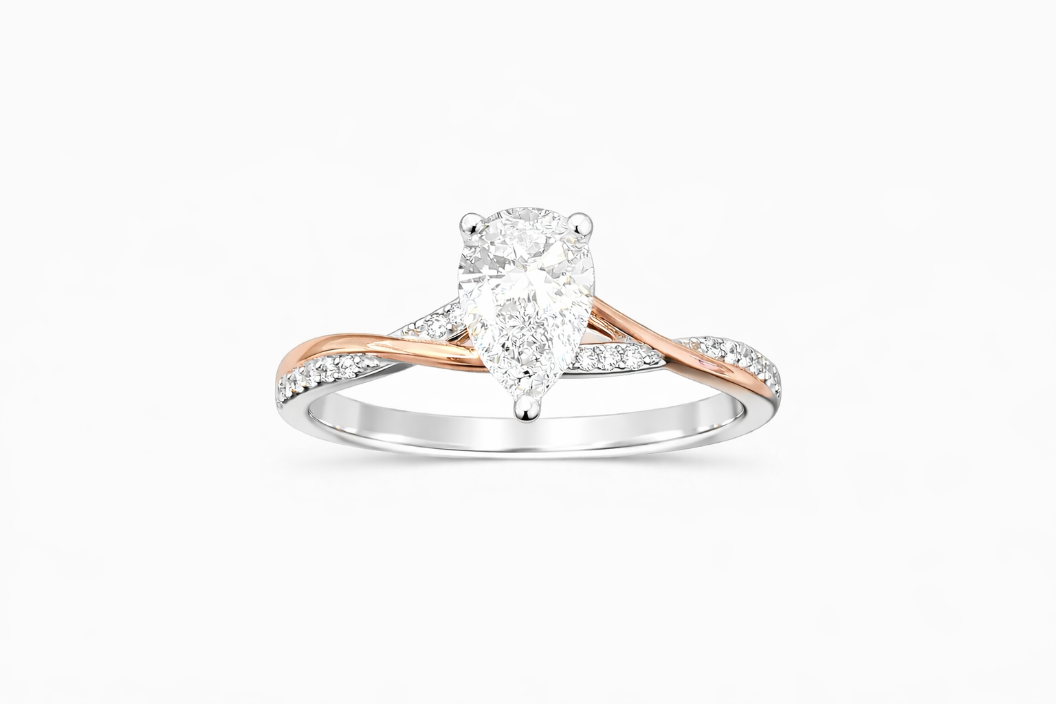 Bague 14k 2 tons diamant de laboratoire 1.03 poire VS2 couleur D 0,10ct ...