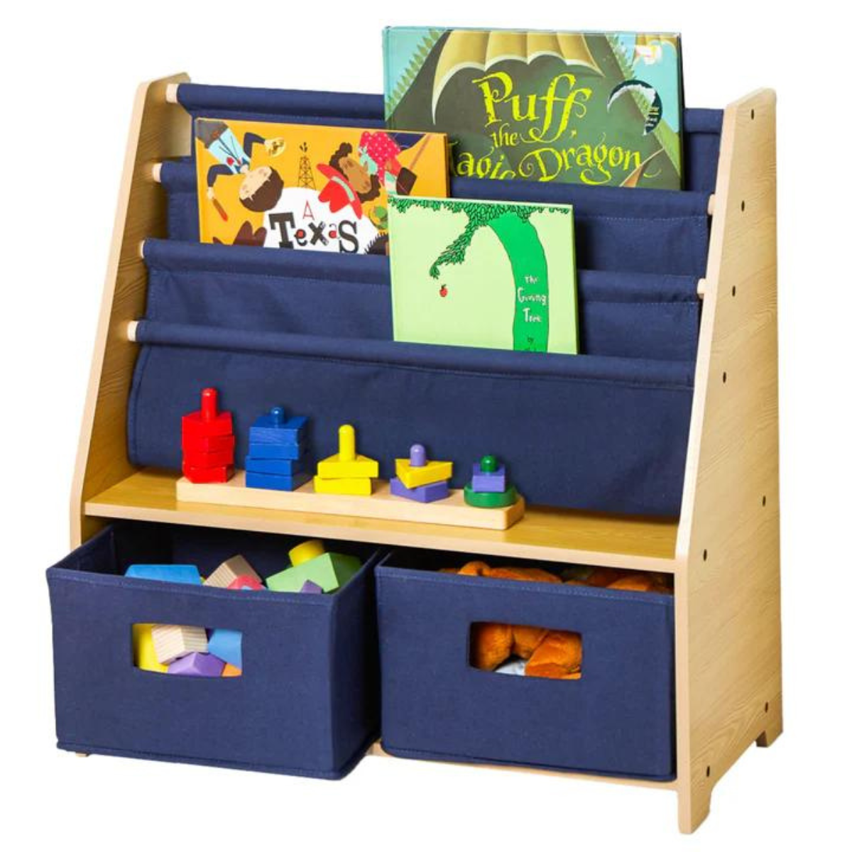 Wildkin: Sling Bookshelf w/ Storage - Natural w/ Blue Canvas - Nest ...