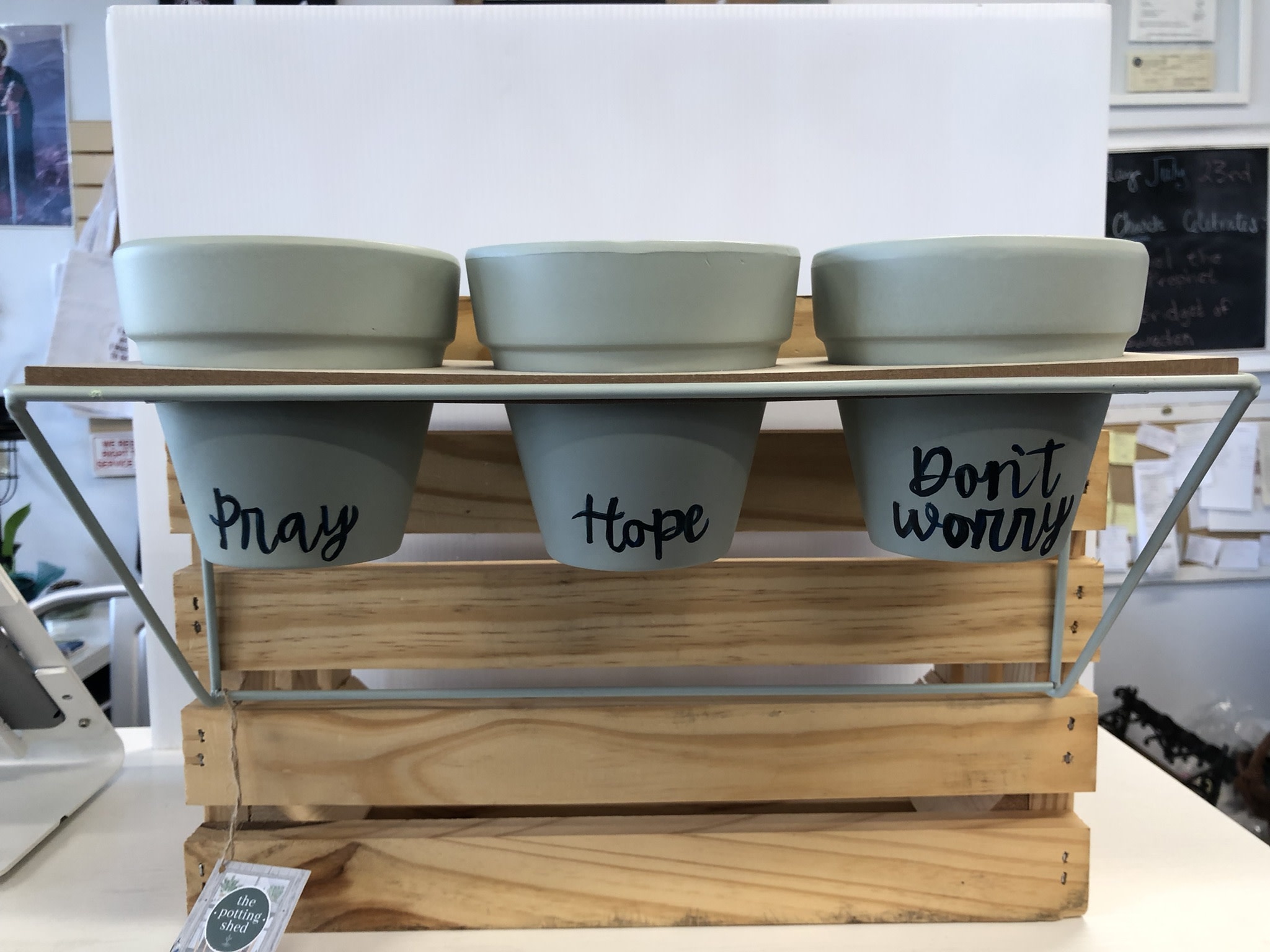 Pray, Hope, Don't Worry Triple Pot Shelf - St. Paul's Catholic Books ...