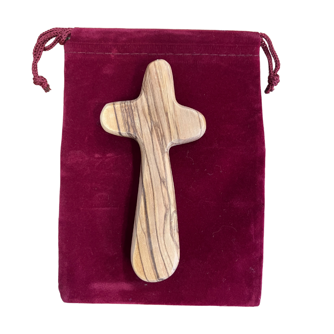 Olive Wood Hand Held Cross with Pouch - St. Paul's Catholic Books & Gifts