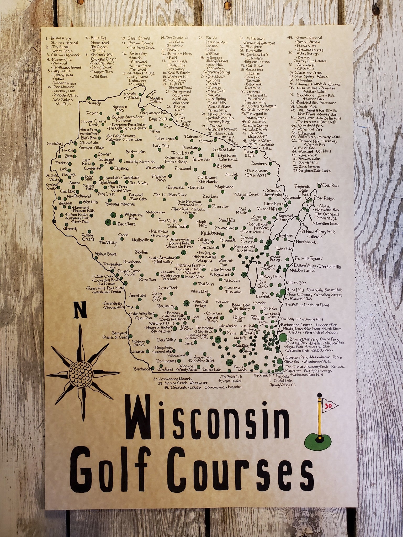Wisconsin Golf Courses Hand Drawn Parchment Map - Cabin Creations