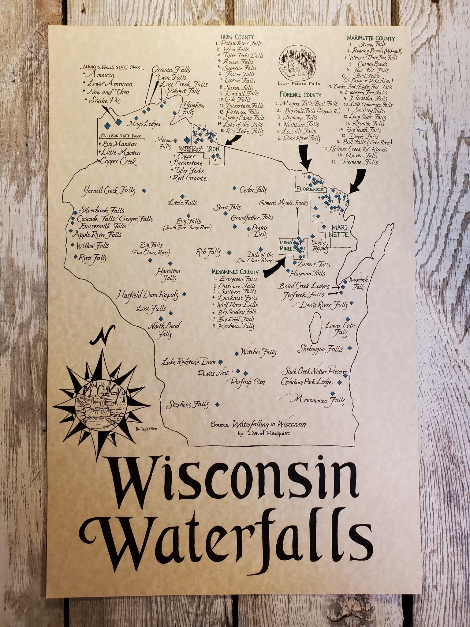 Wisconsin Waterfalls Hand Drawn Parchment Map - Cabin Creations