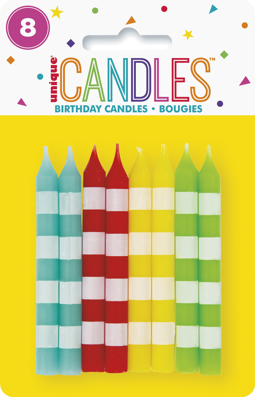 8ct. Multi-Color Striped Candles - Party Adventure