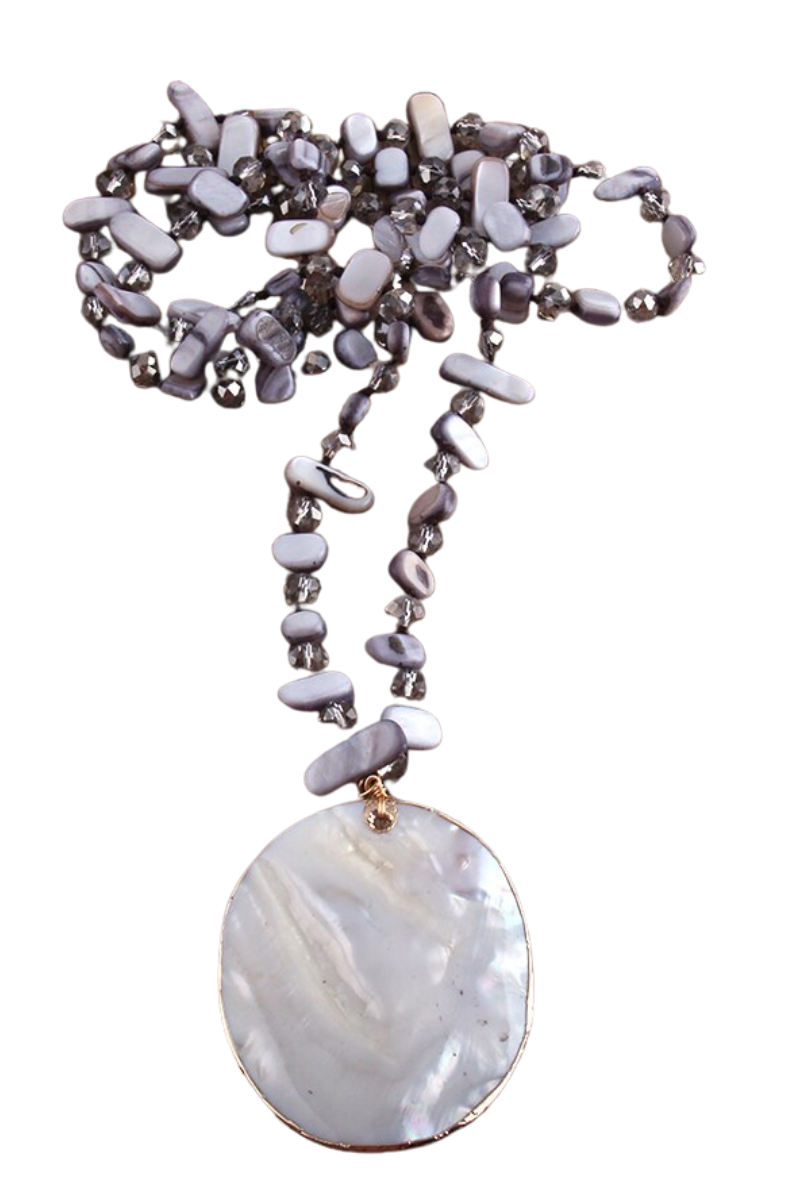 Shady And Katie Long Shell And Grey Stones Necklace - Shady And Katie