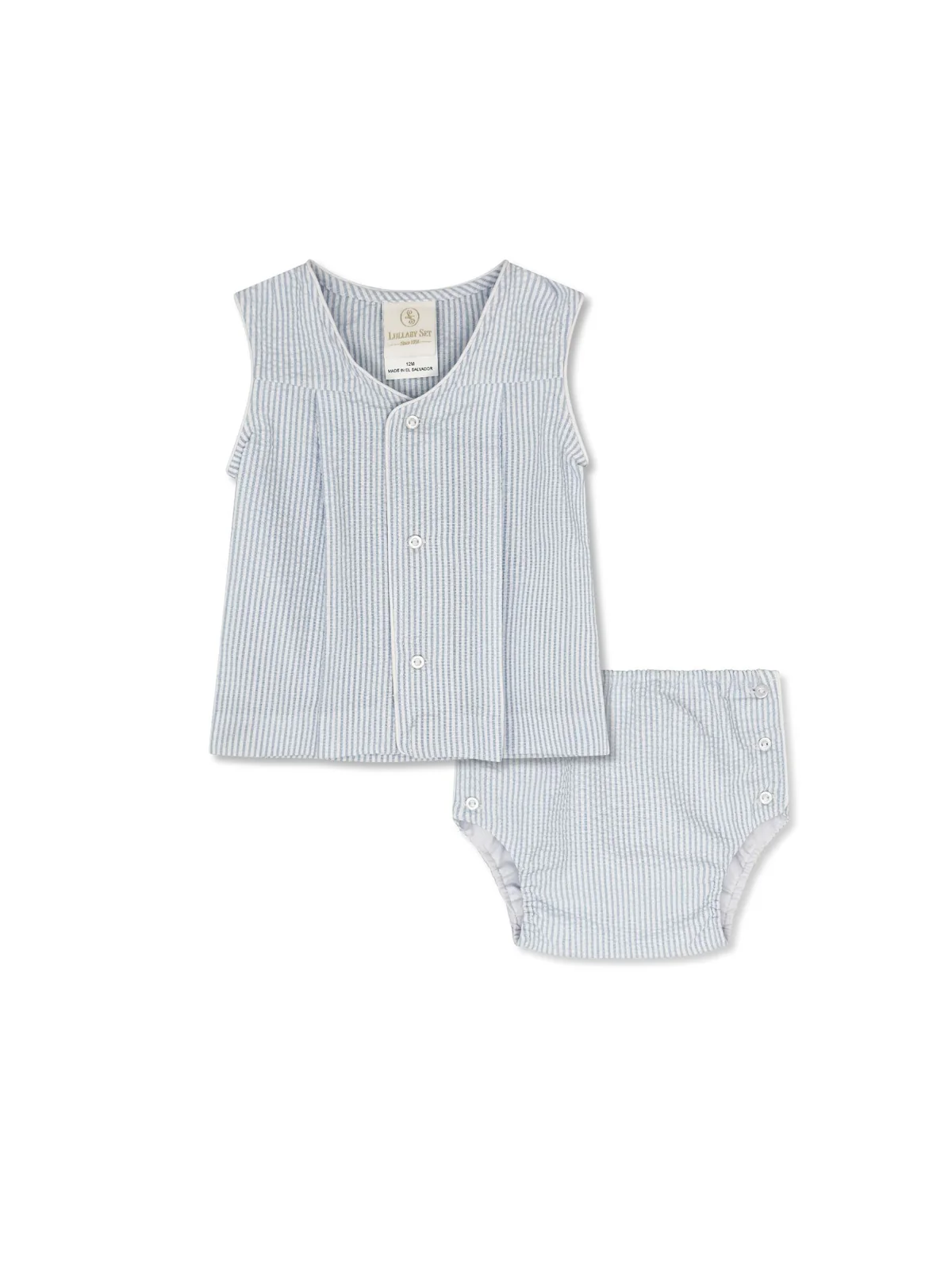 SIMPLY BLUE SEERSUCKER WHITE PIPING DIAPER SET - Layette Dallas