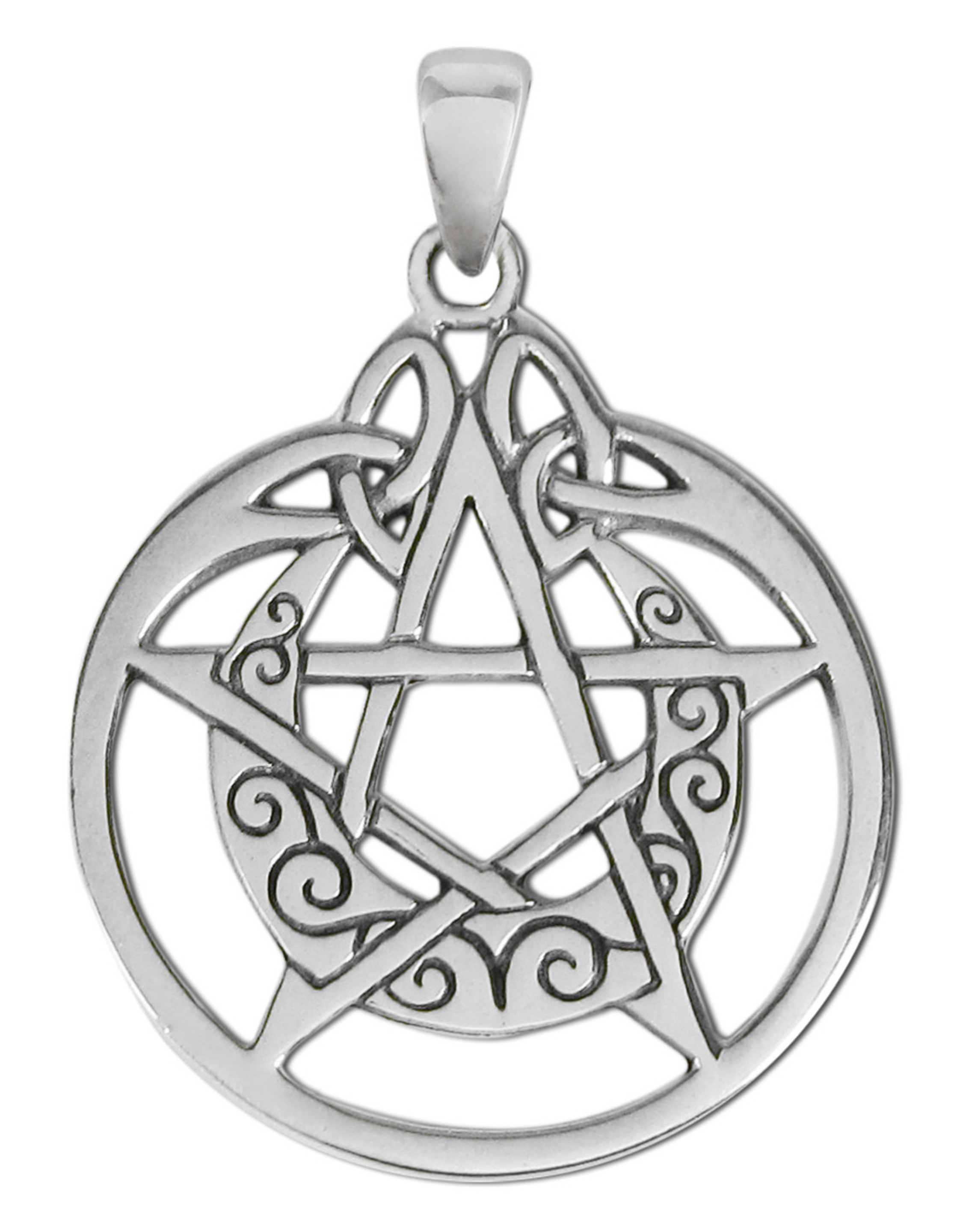Crescent Moon Pentacle Circle Pendant in Sterling Silver - Pentagram