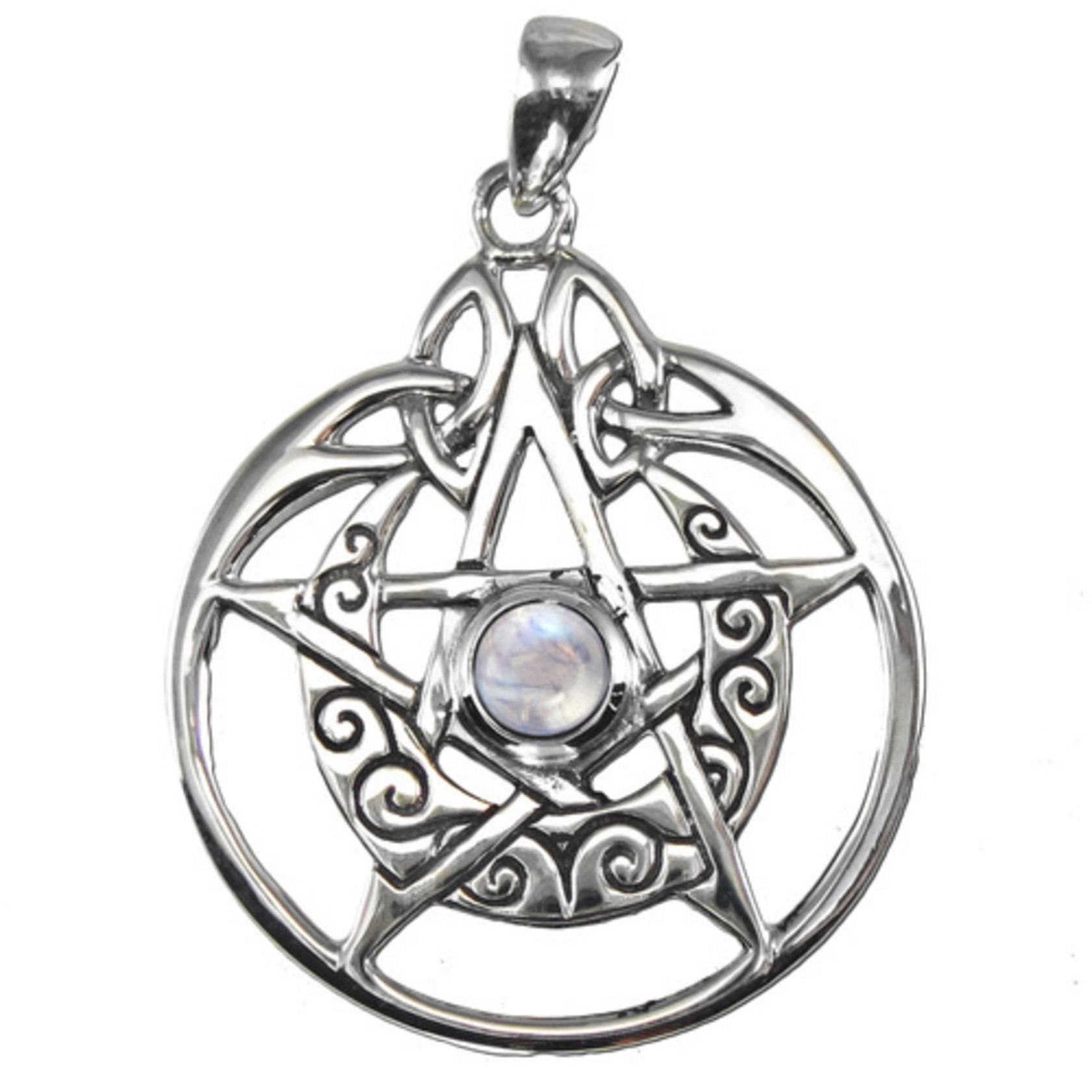 Crescent Moon Pentacle Circle Pendant with Rainbow Moonstone in ...