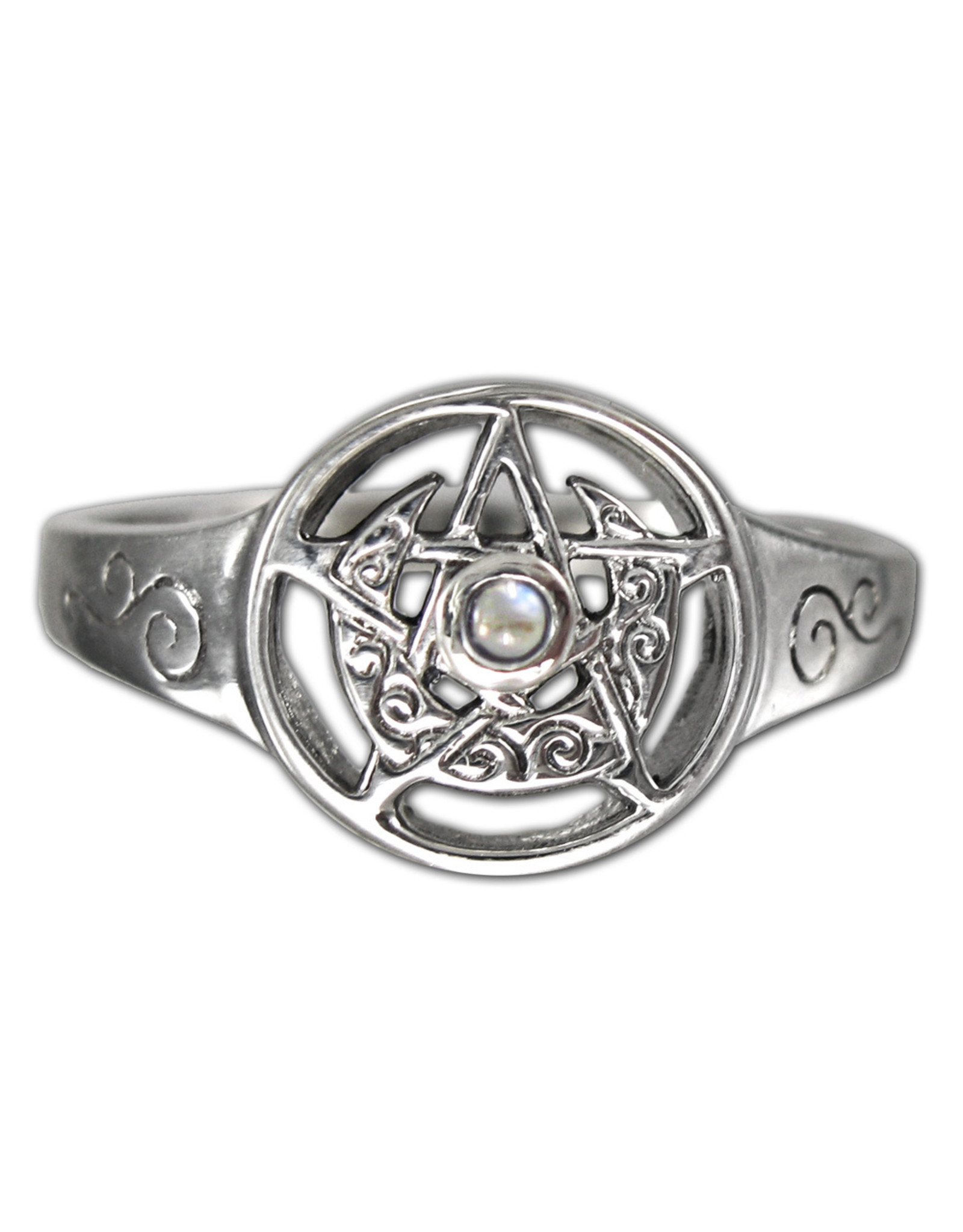 Crescent Moon Pentacle Ring with Rainbow Moonstone in Sterling Silver ...