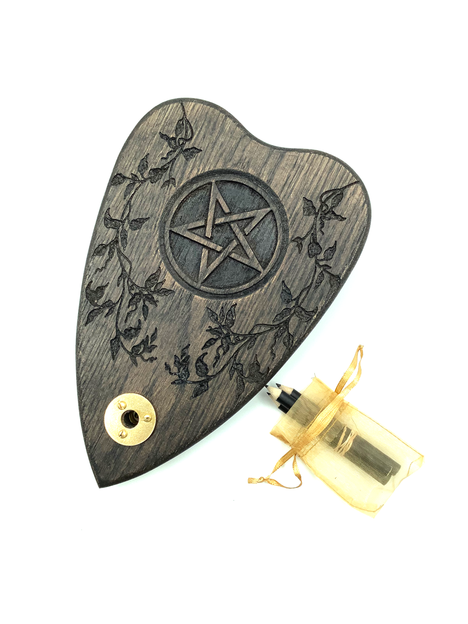 Automatic Writing Planchette with Pentacle in Brass and Oak - Pentagram