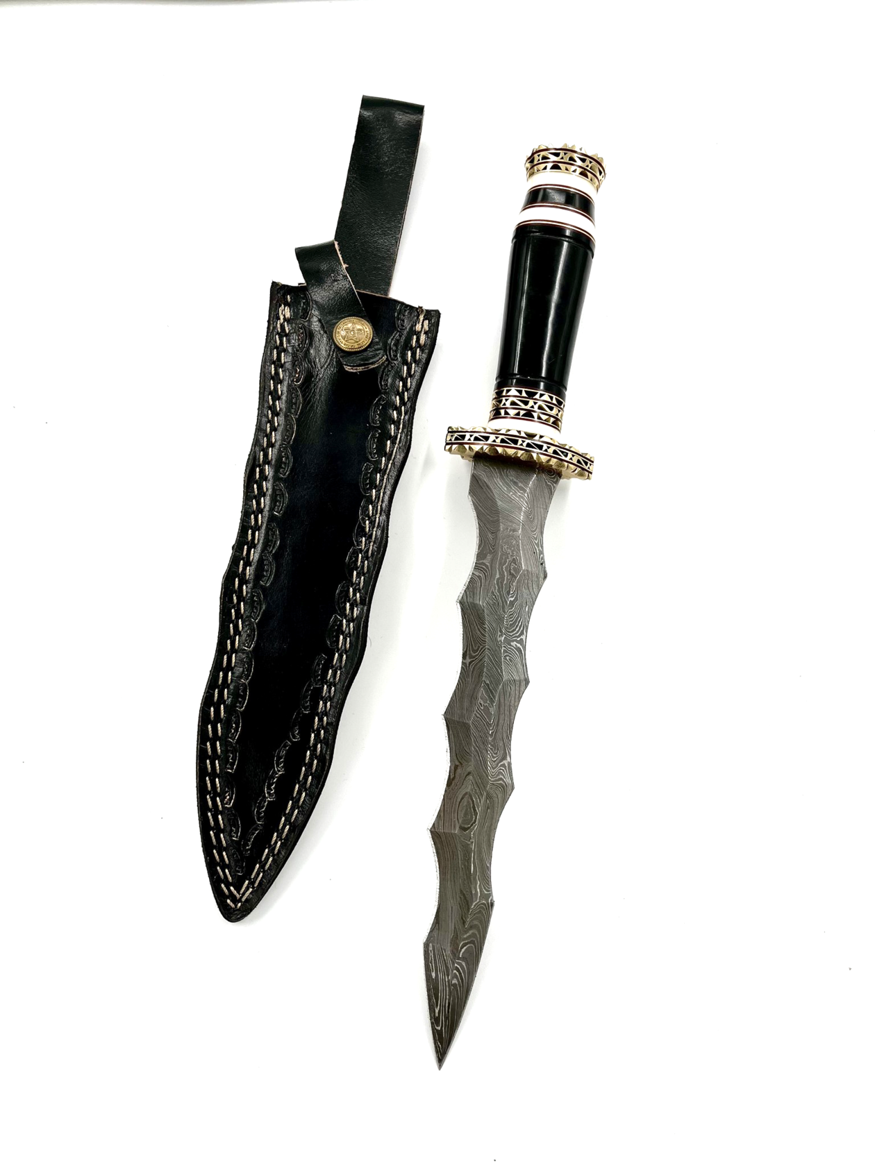 Hand Forged Damascus Steel with Natural Black Horn Handle and Leather ...