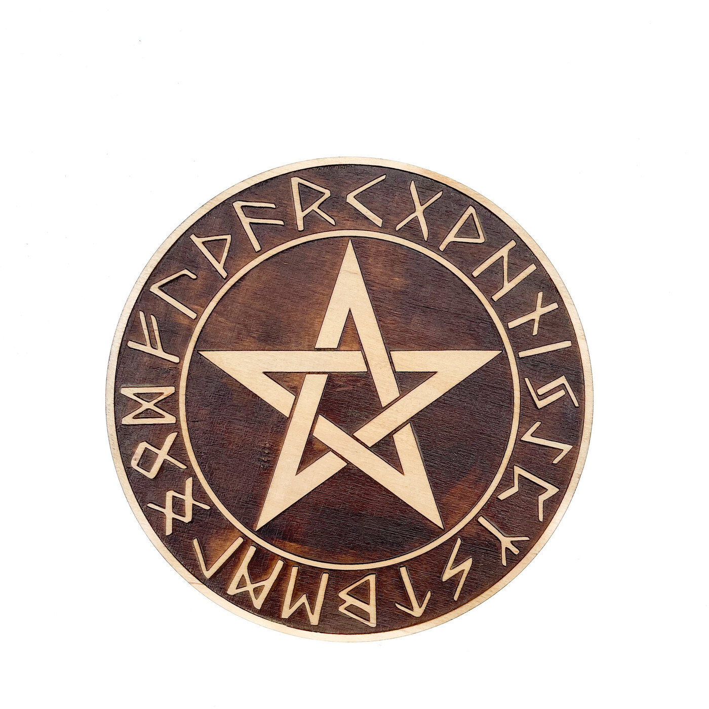 Elder Futhark Altar Pentacle in Natural Finish 8 Inches - Pentagram