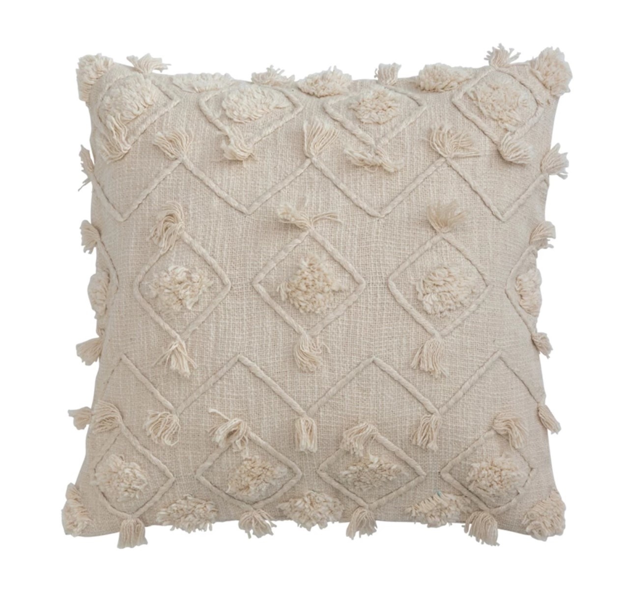 20" Cotton Slub Pillow w/ Diamond Embroidery, Tufting & Fringe, Down ...