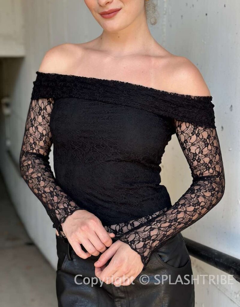 Off Shoulder Sheer Long Sleeves Lace Top - SPLASH