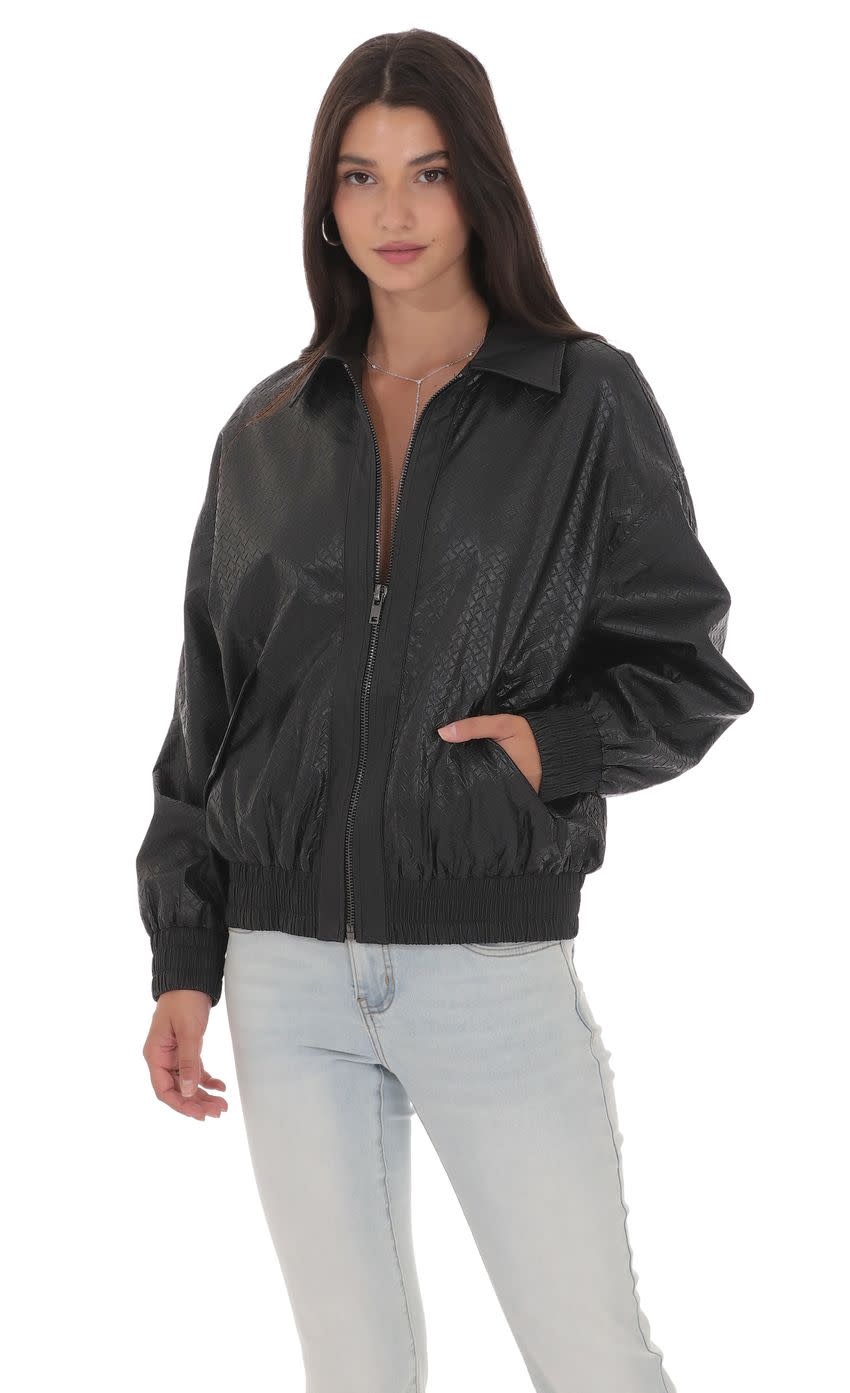 Woven Faux Leather Bomber Jacket - SPLASH