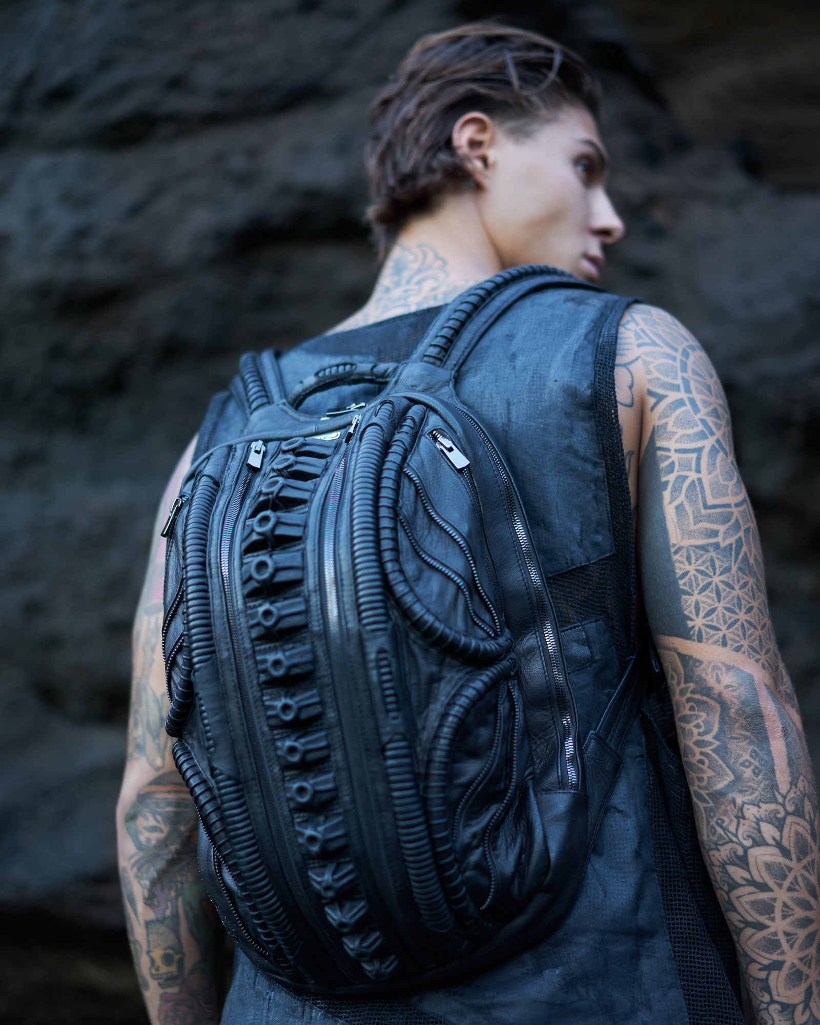 Syzmic-Vertebral Spine Leather Laptop Backpack - Ceiba