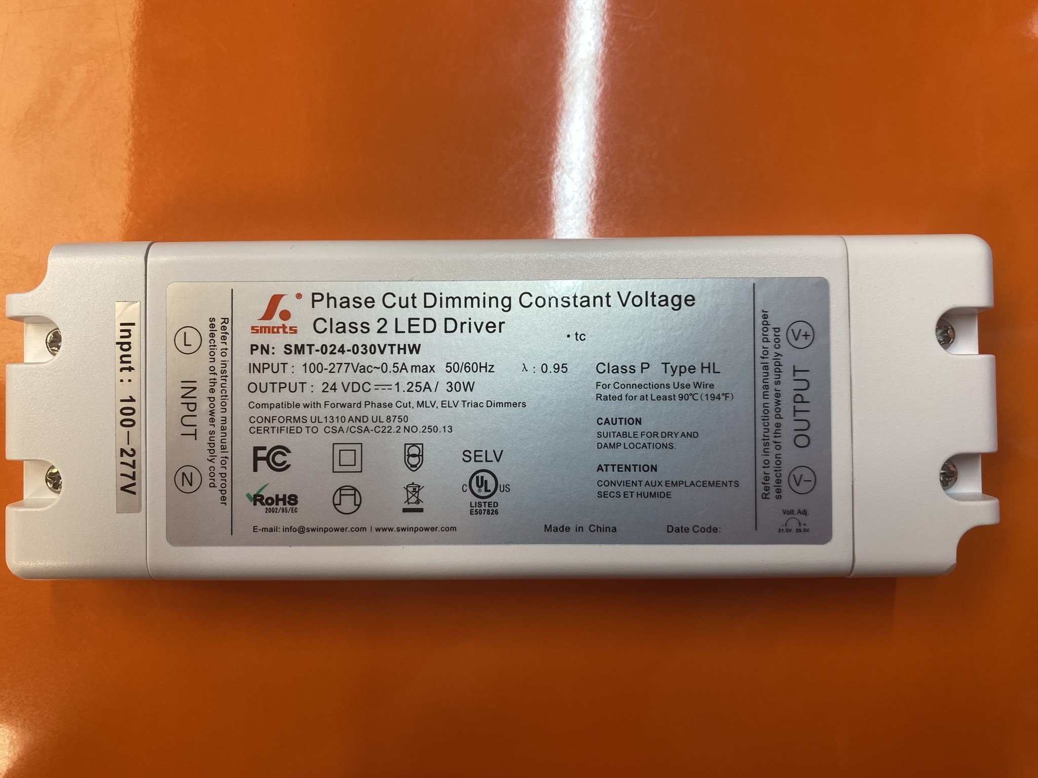 SMT-024-030VTHW 277VAC Triac dimmable constant voltage LED driver Input ...