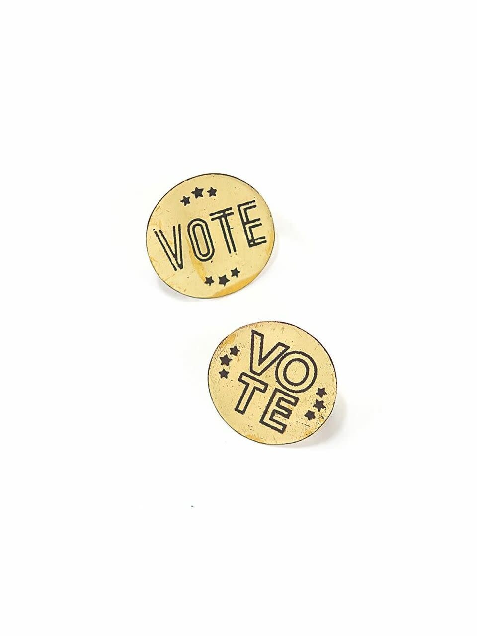 Vote Pin - Brass Stacked Letters - Bunyaad