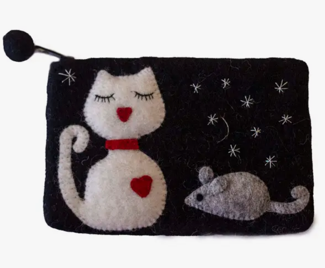 Felted Cat and Mouse Zipper Pouch - Bunyaad