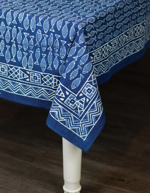Indigo Fish Tablecloth - 60" x 90" - Bunyaad