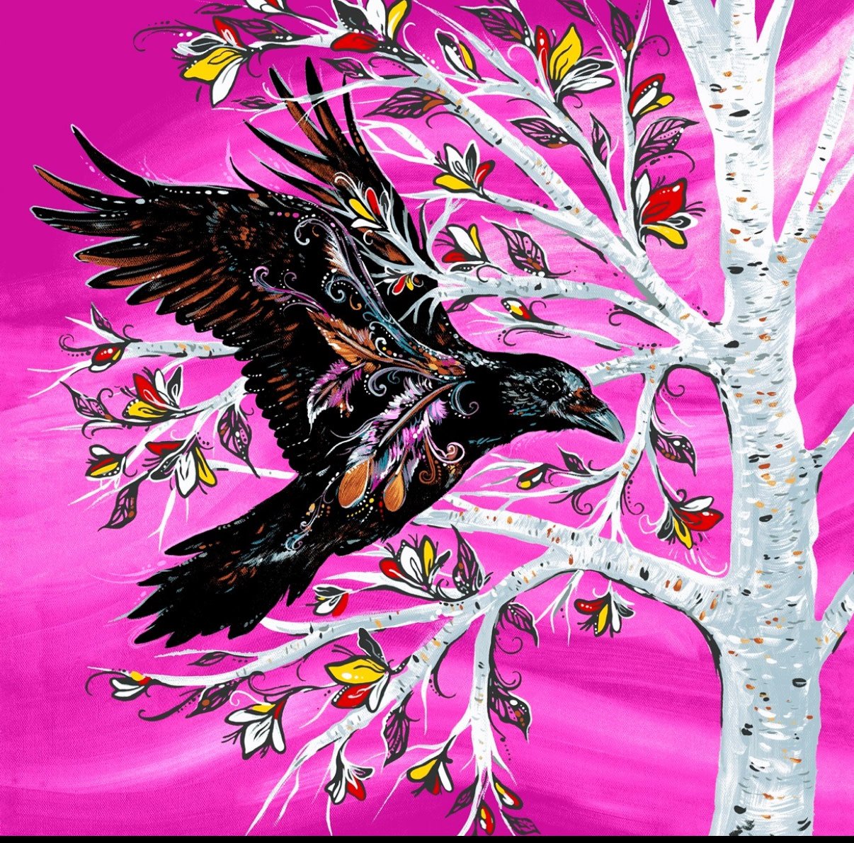 Raven Tree Metallic - Raven Panel - Pink - Dominion Sewing Centre & Studio