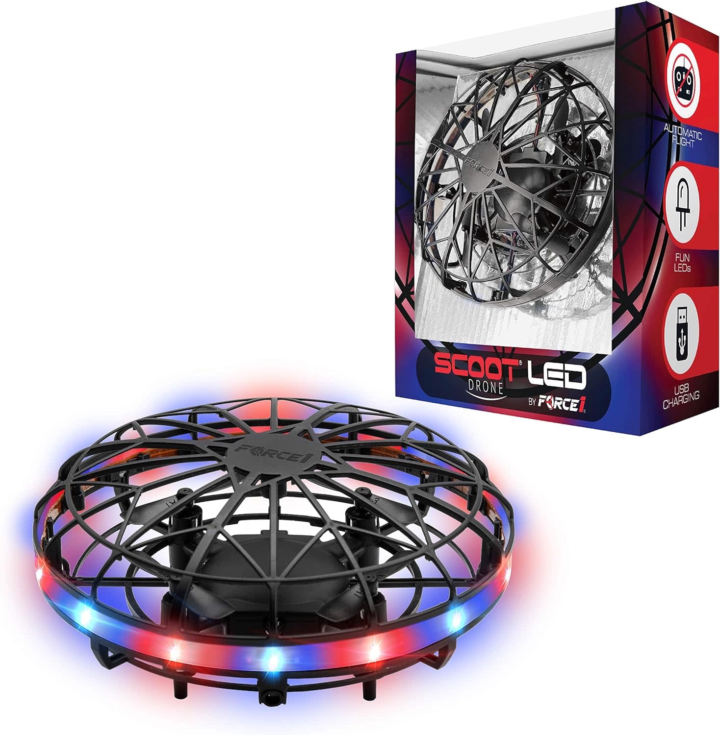SCOOT LED RED BLUE Force1 Scoot LED Hand Operated Drone for Kids or Adults Hands Free