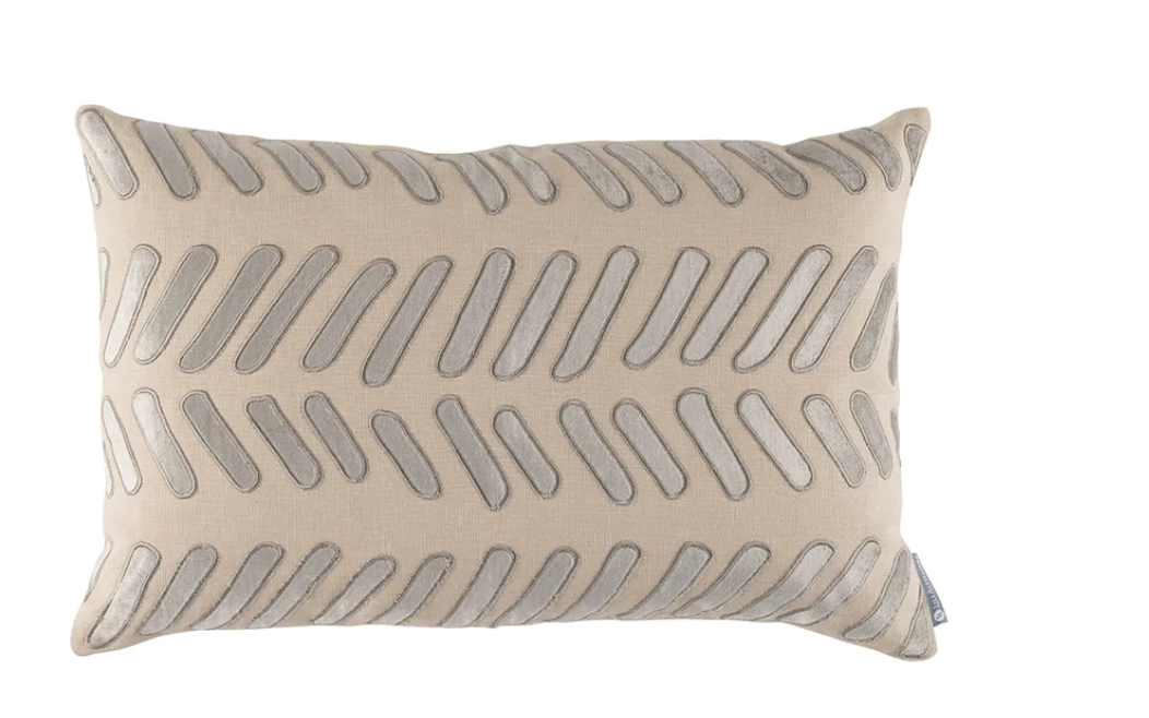PERU SMALL RECTANGLE PILLOW DK SAND LINEN/PLATINUM VELVET APPLIQUE ...