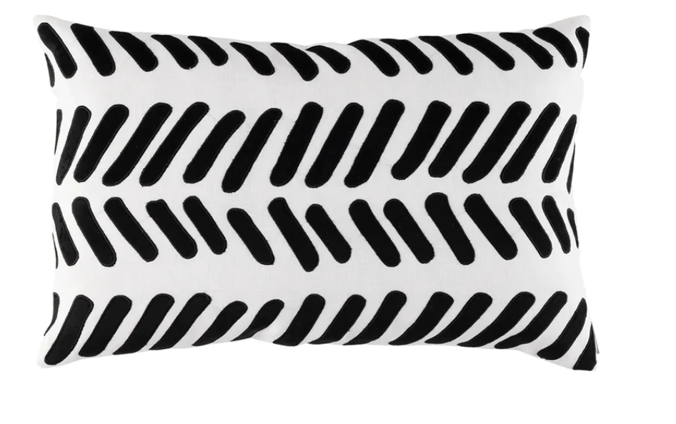 PERU SMALL RECTANGLE PILLOW WHITE LINEN/BLACK VELVET APPLIQUE 14X22 - Jade