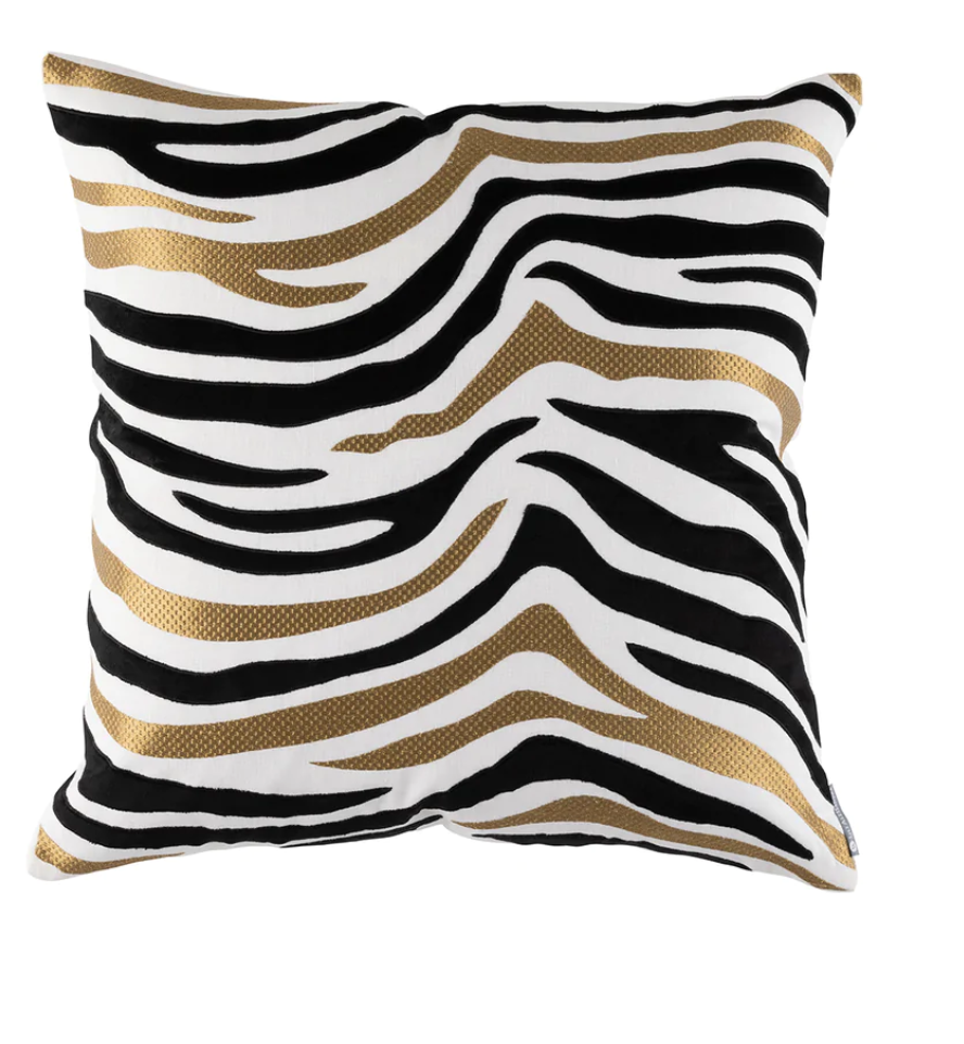 TIGER SQUARE PILLOW WHITE LINEN/BLACK VELVET APPLIQUE/GOLD EMBROIDERY ...