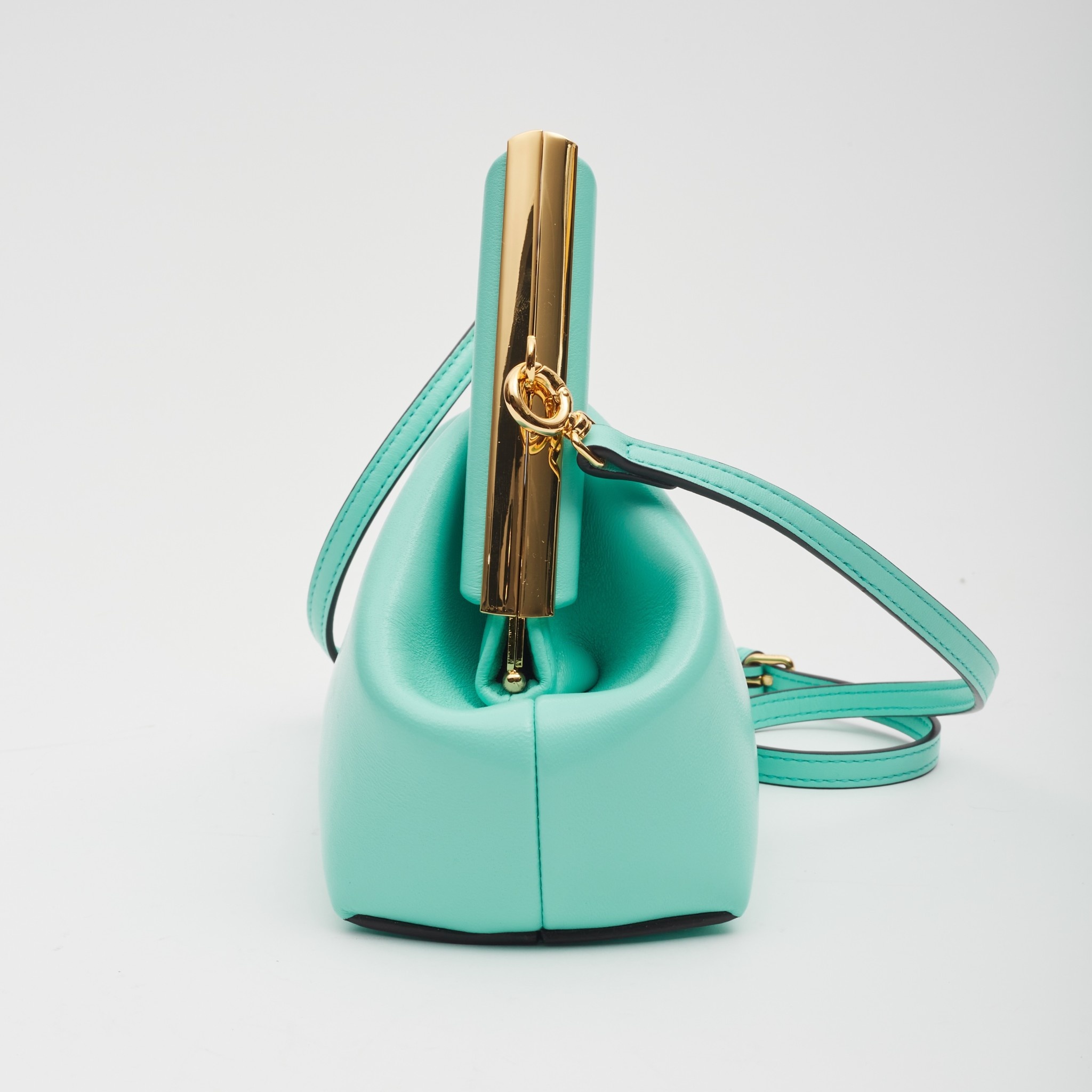 FENDI FIRST LAMBSKIN TURQUOISE LOGO DETAILED CLUTCH BAG - CRTBLNCHSHP