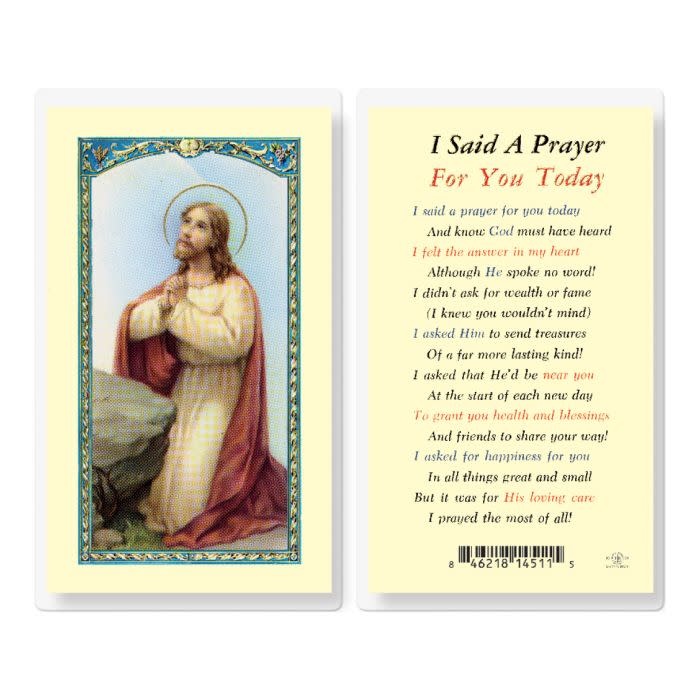 Holy Card, Laminated -I Said a Prayer for You Today - Reilly's Church Supply & Gift Boutique