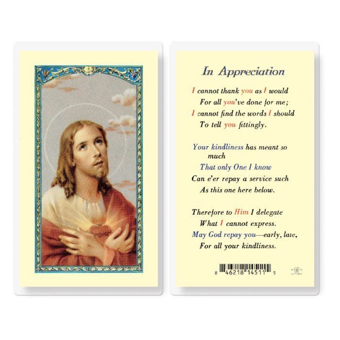 Holy Card, Laminated - In Appreciation - Reilly's Church Supply & Gift Boutique