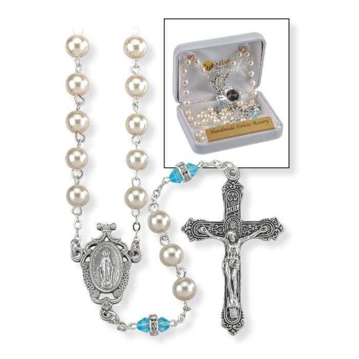 Rosary - March Birthstone, Imitation Pearl - Reilly's Church Supply ...