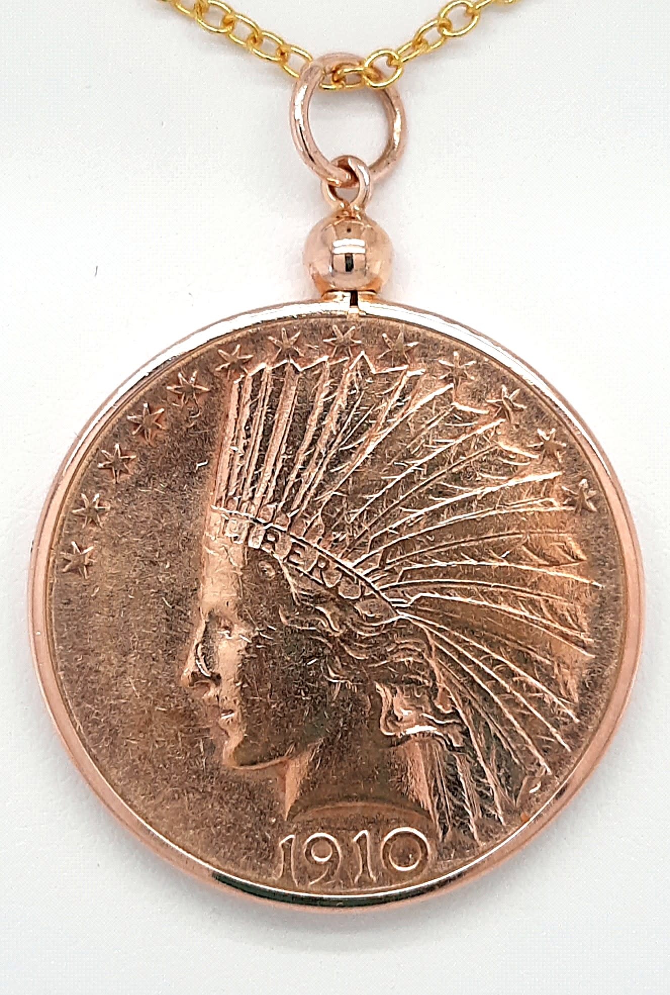 1910 Gold Eagle, Indian head $10 coin pendant 14k yellow gold bezel 17. ...