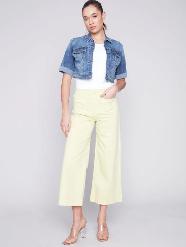 Medium Wash Cropped Denim Jacket w/Short Sleeve - Evelie Blu Boutique