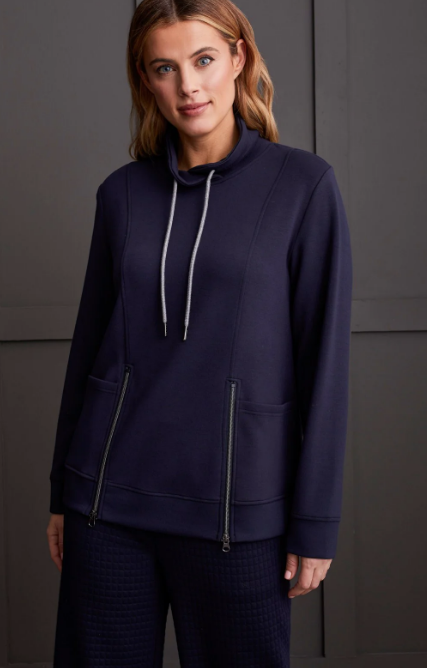 Tribal Night Sky Navy Funnel Neck Zipper Detail Long Sleeve Top AO ...
