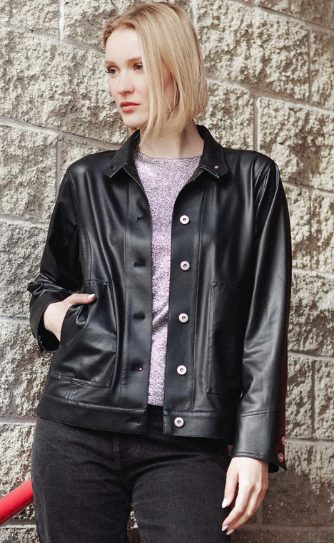 Clara Sun Woo Black Liquid Leather Sheen Button Closure Pocket Jacket ...