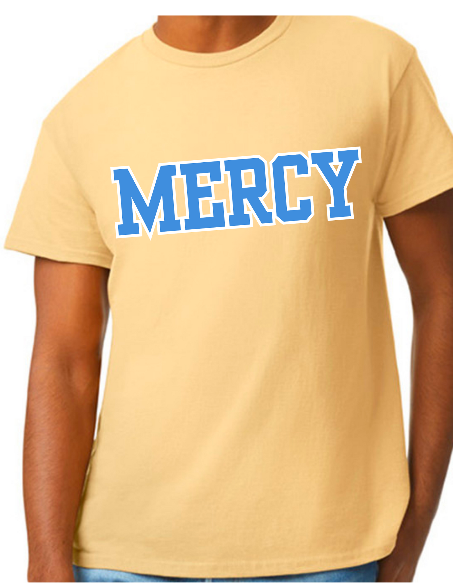 Gildan Yellow T "MERCY" In blue white outline - Mercy Academy Campus Store