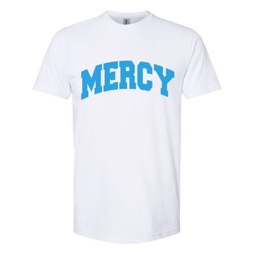 Gildan Arched MERCY Tee (blue/white) - Mercy Academy Campus Store