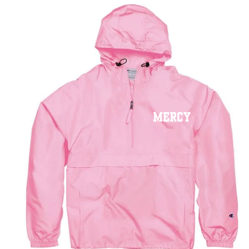 Bright Pink "MERCY" Embroidered Champion Adult Packable Anorak Quarter ...