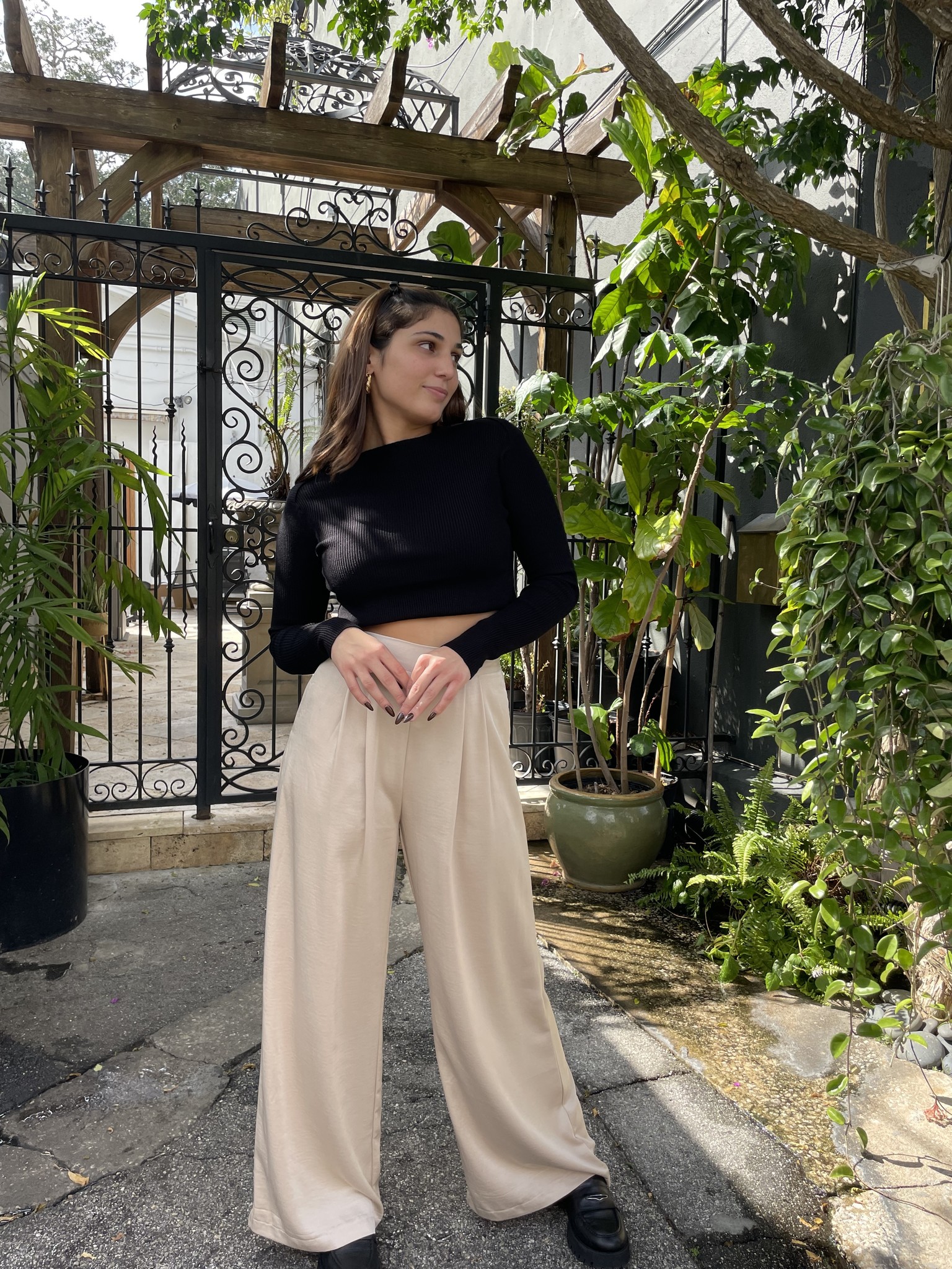Pants blk,tan silk flowy elastic S21131 - Forema Boutique