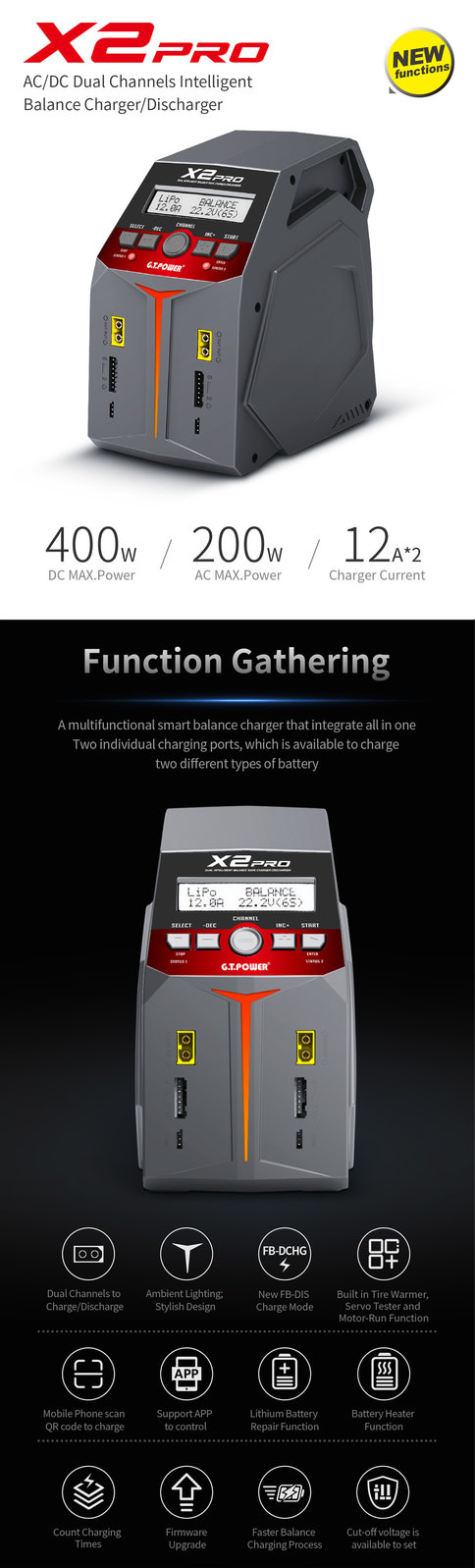 GT POWER X2 PRO TWIN AC/DC CHARGER X2 TWIN 7200/400 WATT SMART CHARGER ...