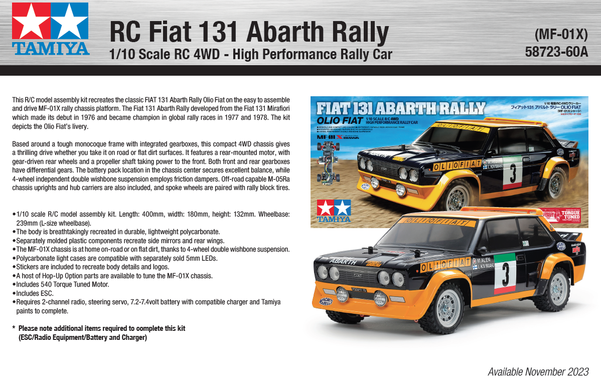 TAMIYA RC Fiat 131 Abarth Rally MF-01X ChassiS 1/10 KIT NO ESC INCLUDED REQUIRES TX, RX, ESC ...