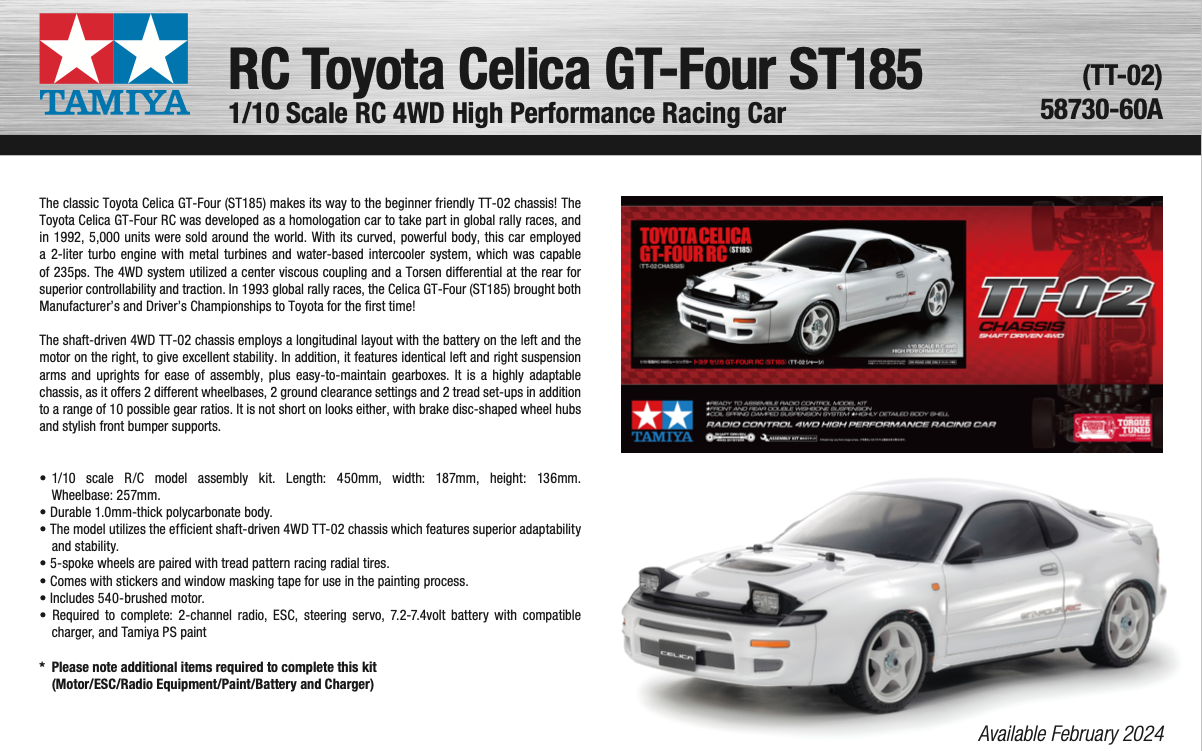 PRE ORDER FEB 2024 *** TAMIYA RC CELICA GT-FOUR ST185 4WD TT-02 1/10 KIT NO ESC INCLUDED ...