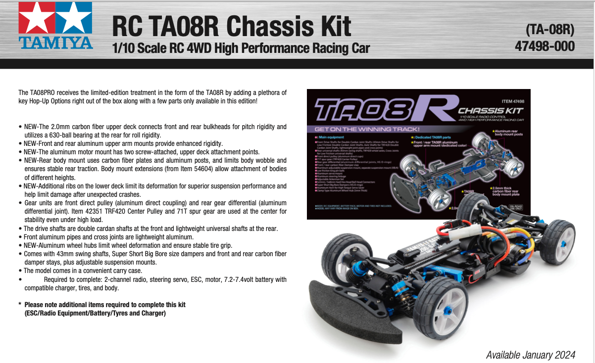 PRE ORDER JAN 2024 *** TAMIYA RC TA08R Chassis Kit 1/10 4WD High Performance Racing Car Required ...